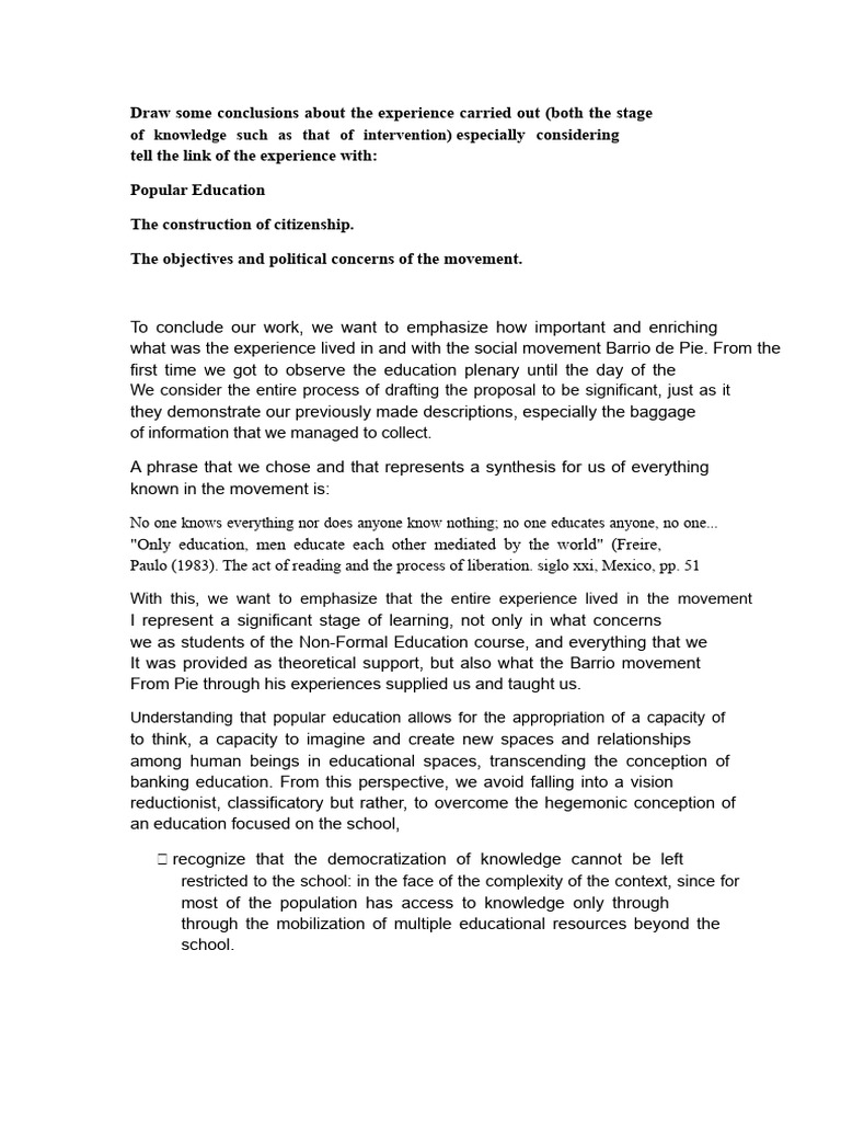 Some Conclusions About the Experience Conducted and Evaluation | PDF ...