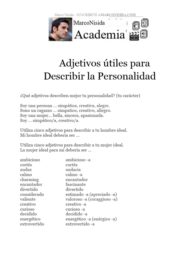 Curso de Italiano - Adjetivos Útiles para Describir La Personalidad | PDF