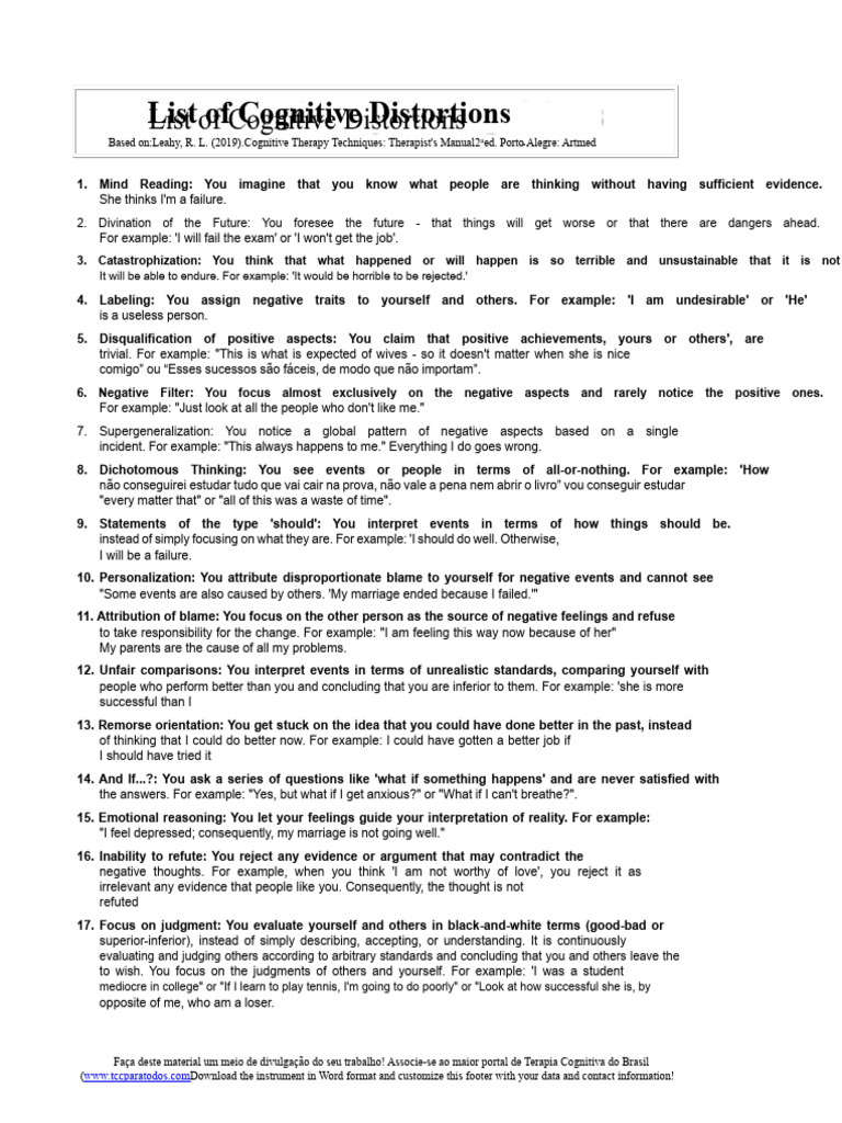 List of cognitive distortions [www.tccparatodos.com] | PDF | Thought ...