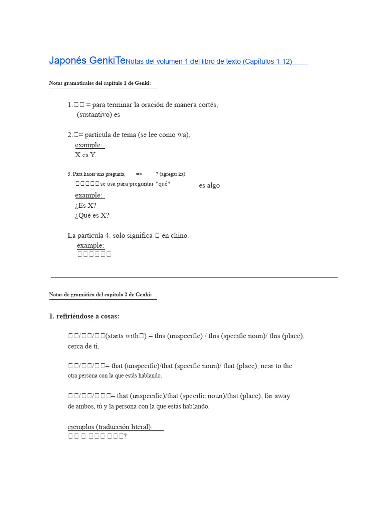 Notas de Gramática del Libro Genki 1 | PDF | Verbo | Adjetivo