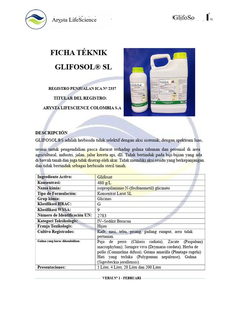 Glifosol - Herbisida - Data Teknis | PDF