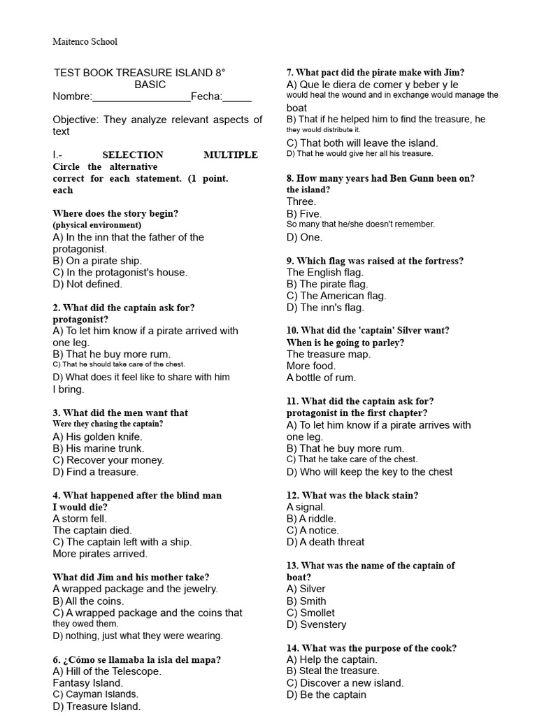 Treasure Island Test Questions | PDF | Treasure Island