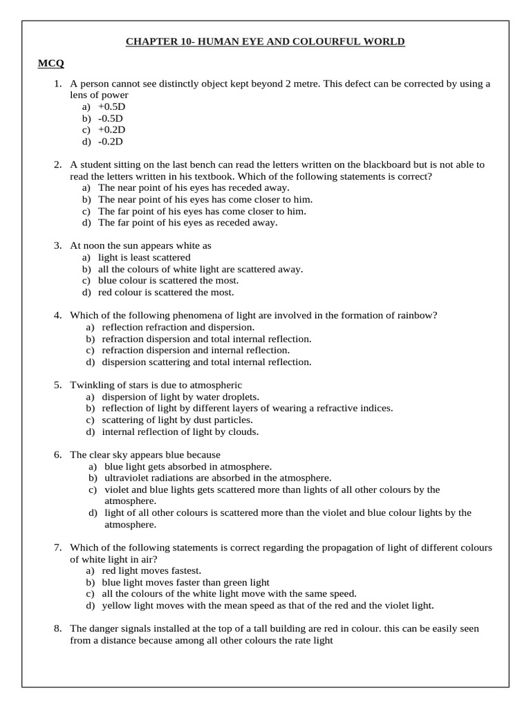 Human Eye and Light Phenomena MCQs | PDF | Eye | Light
