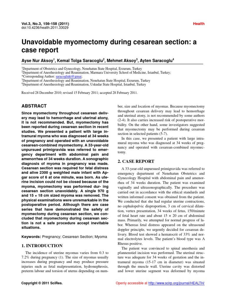 Unavoidable Myomectomy During Cesarean Section: A Case Report | PDF ...