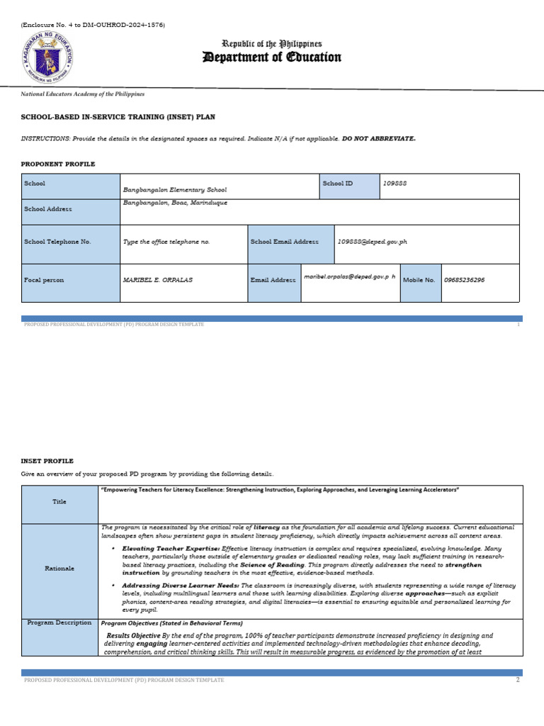Literacy Excellence Training Plan | PDF | Literacy | Teachers