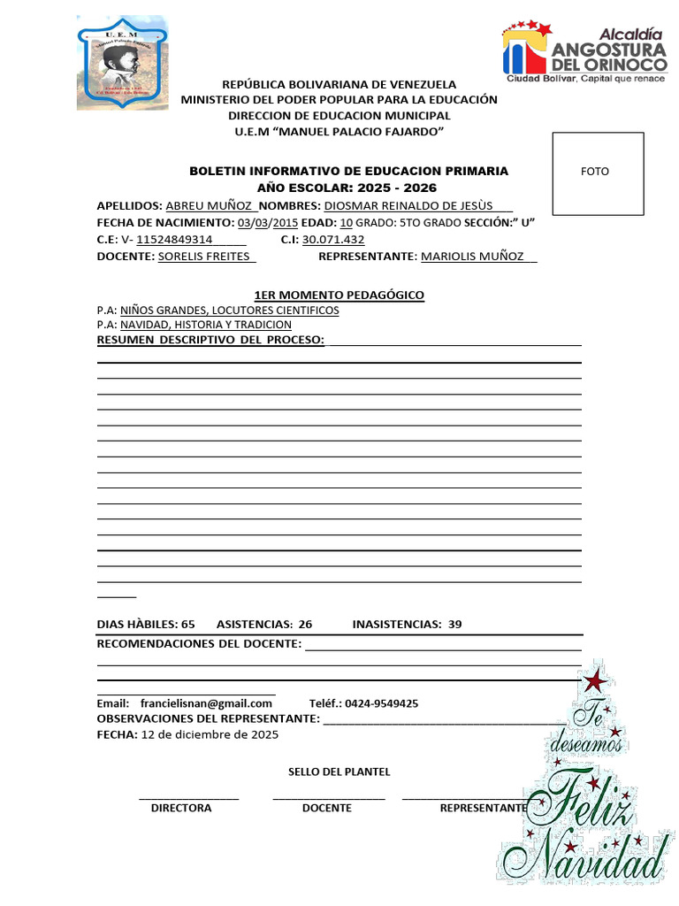 Boletas 5to Grado 25-26 | PDF | Educación primaria | Maestros