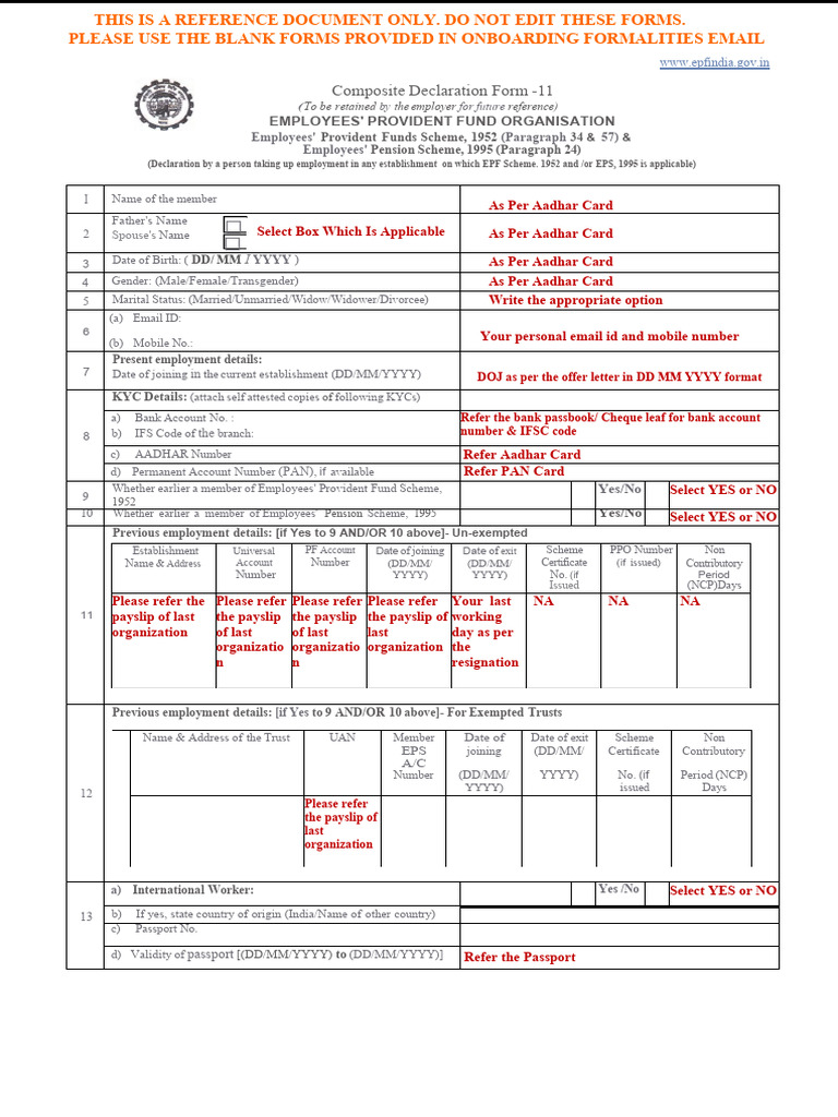 EPF Composite Declaration Form 11 Guide | PDF