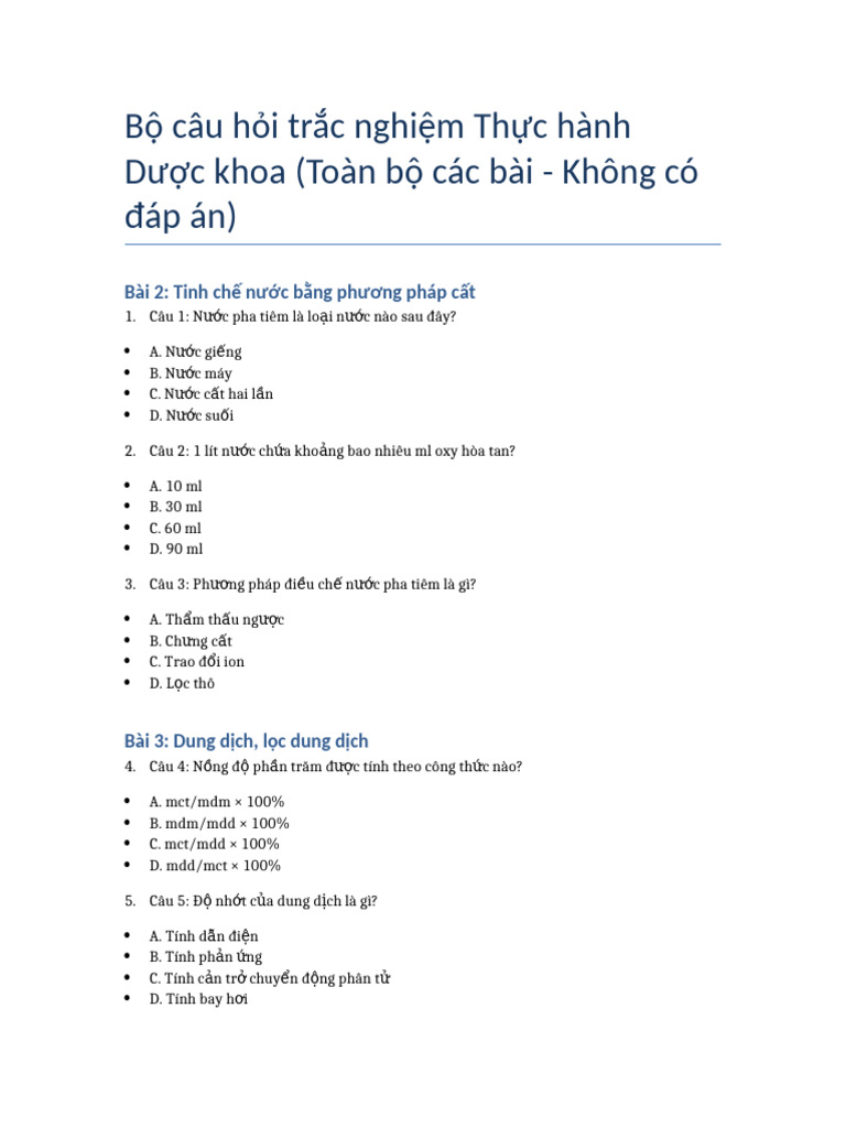 Bo Cau Hoi Trac Nghiem Thuc Hanh Duoc Khoa KHONG DAP An | PDF