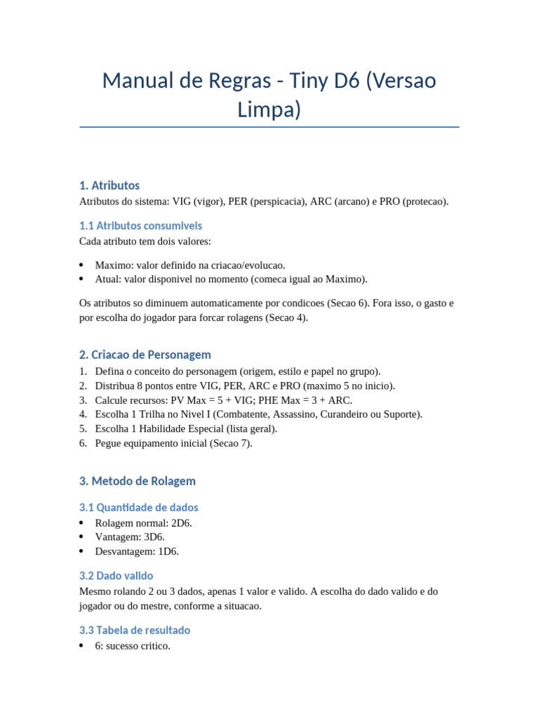 Regras Básicas do Tiny D6: Atributos e Criação | PDF