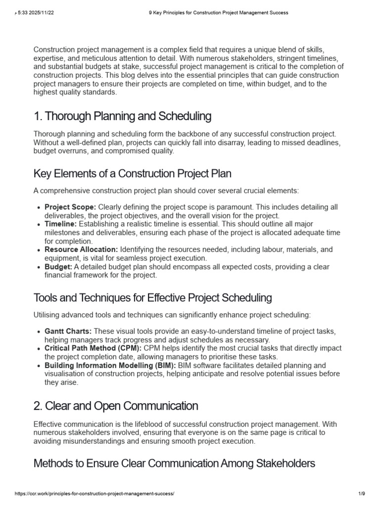 9 Key Principles for Construction Project Management Success | PDF ...