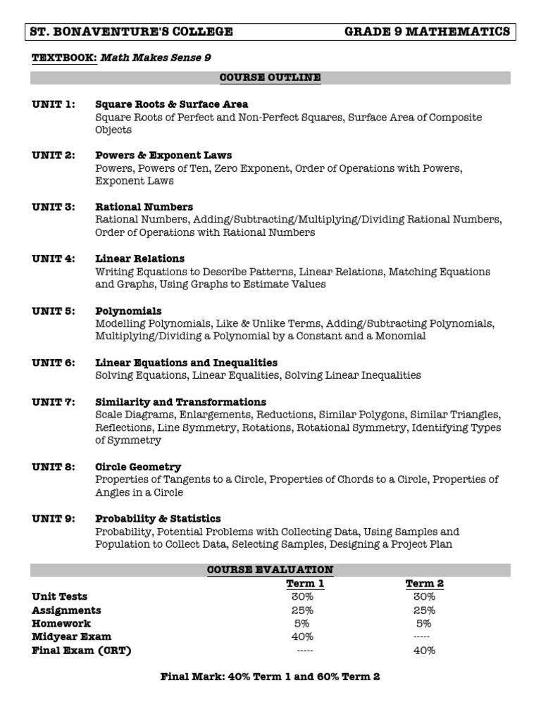 Grade 9 Math Course Outline | PDF