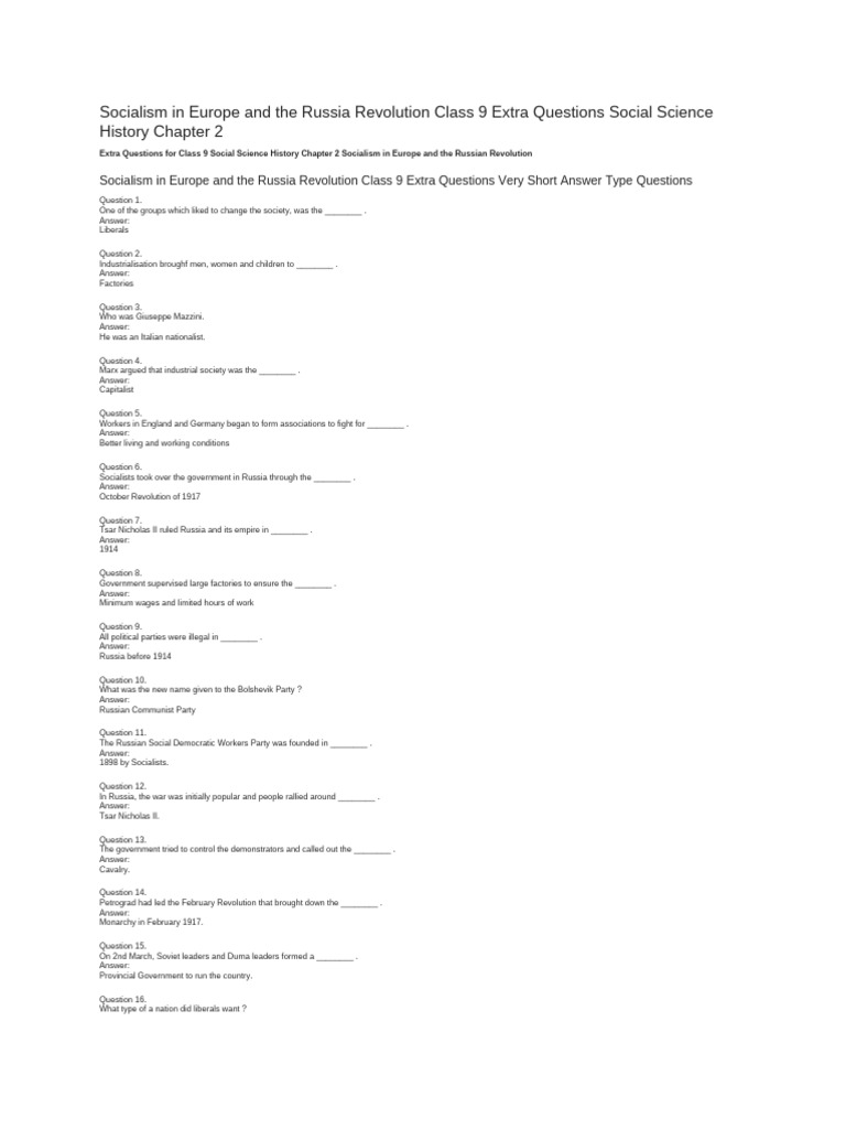 Class 9 Social Science: Socialism & Russian Revolution Questions | PDF ...