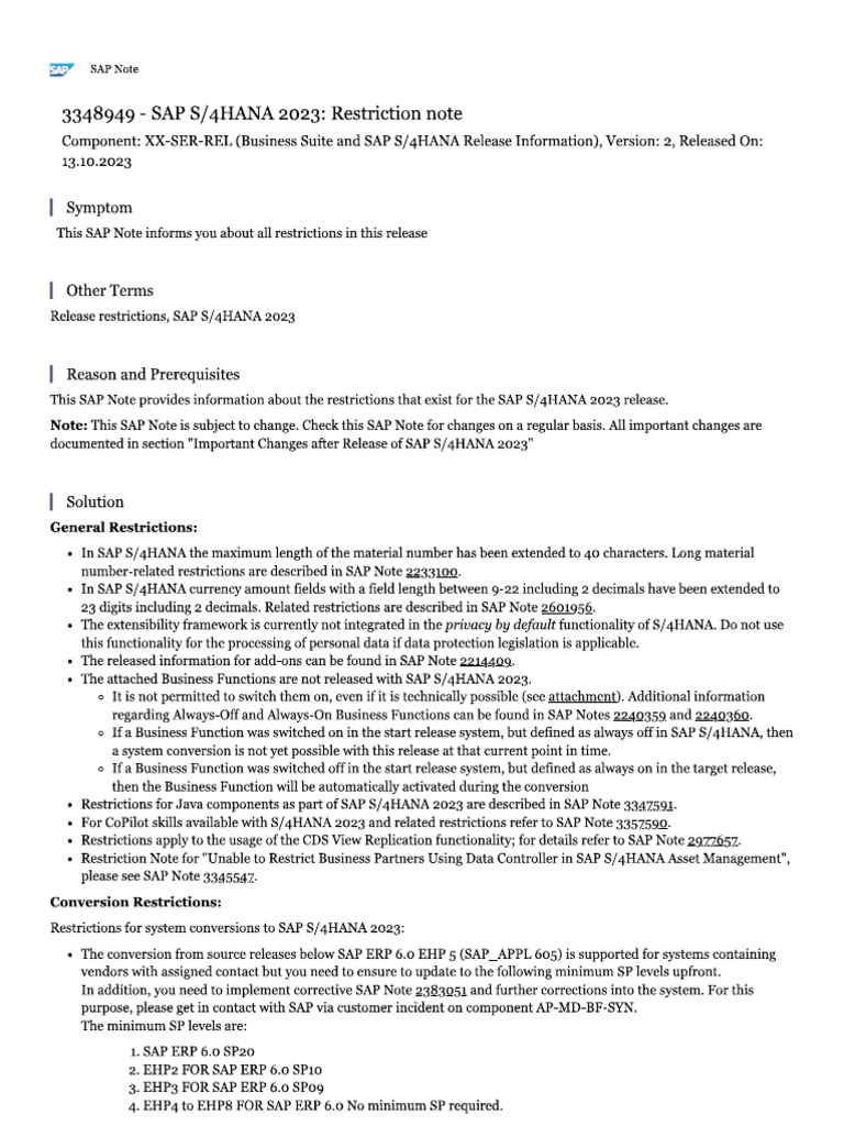 SAP S4HANA 2023 Restriction Note | PDF