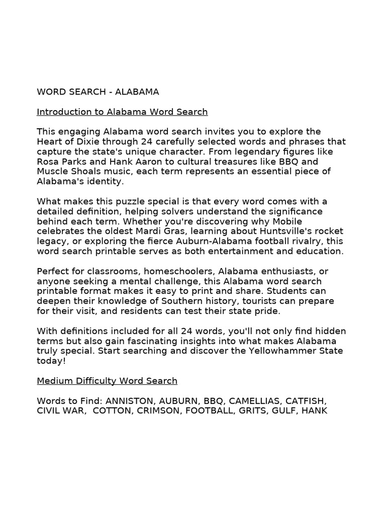 Alabama Word Search Puzzle with Definitions | PDF | Alabama | Mobile