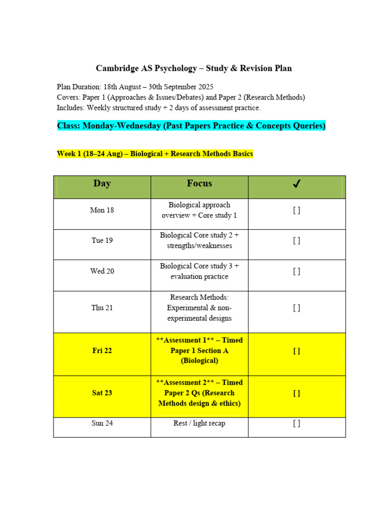 Cambridge AS Psychology Study Plan | PDF | Statistics | Psychology