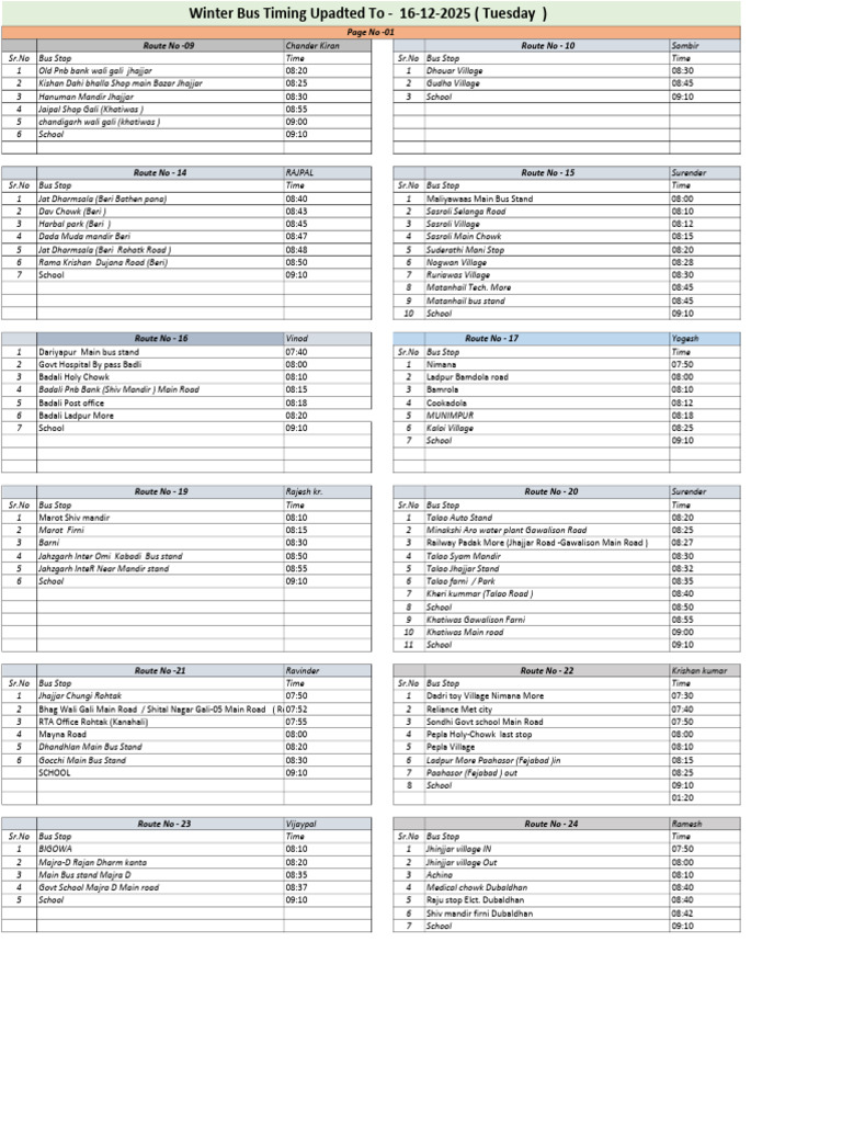 Winter Buses Route Timing Updated to 16-12-2025 (Tus) | PDF | Vehicles ...