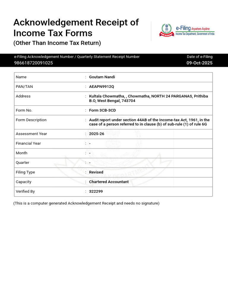 Income Tax Acknowledgement Receipt 2025 | PDF | Payments | Expense