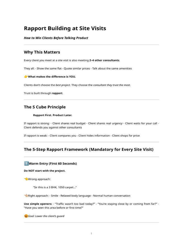Rapport Building at Site Visits - S Cube Training Playbook | PDF