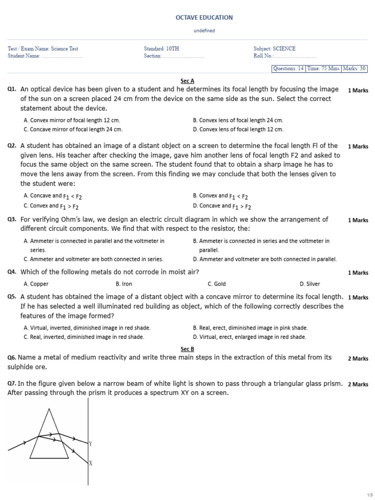 Science Test 10th Science (3) | PDF | Optics | Light