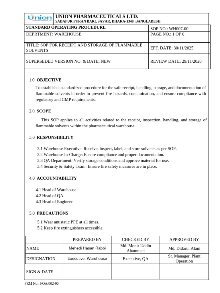 Flammable Solvents Storage SOP | PDF | Fire Safety | Warehouse
