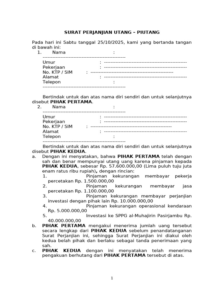 Surat Perjanjian Utang Piutang 2025 | PDF