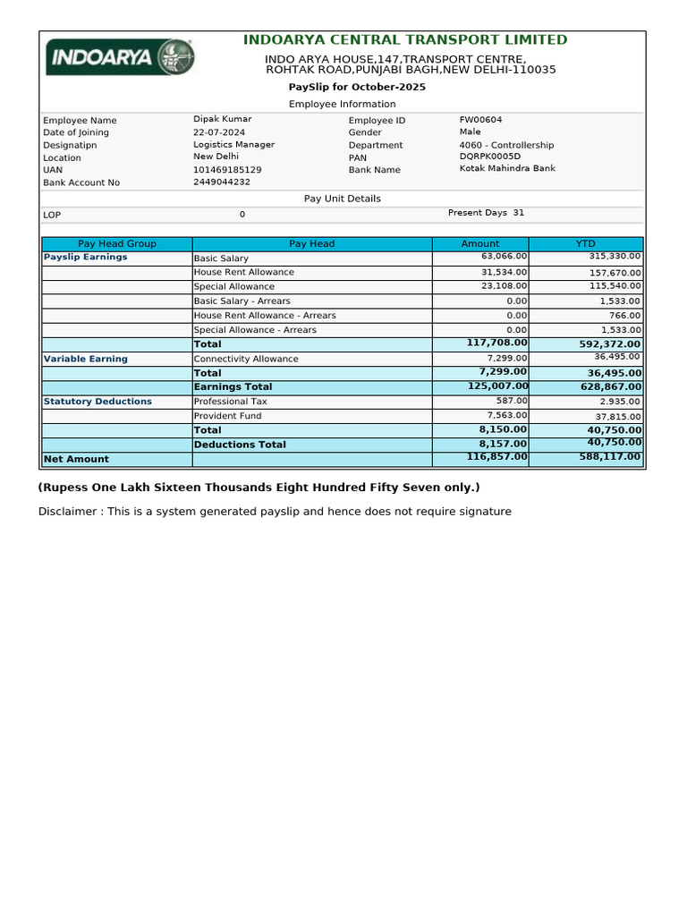 Iactpl Payment Slip For Month October | PDF | Paycheck | Economies
