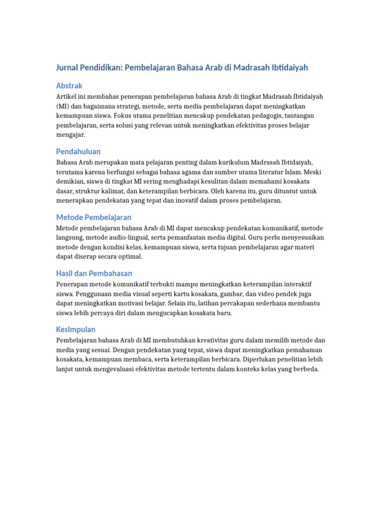 Jurnal Pendidikan Bahasa Arab MI | PDF