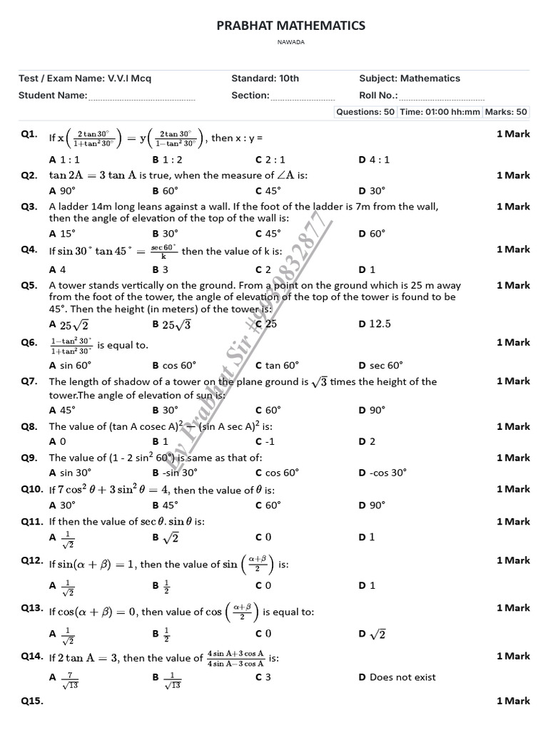 10th Grade Mathematics MCQ Exam | PDF | Shadow | Trigonometry