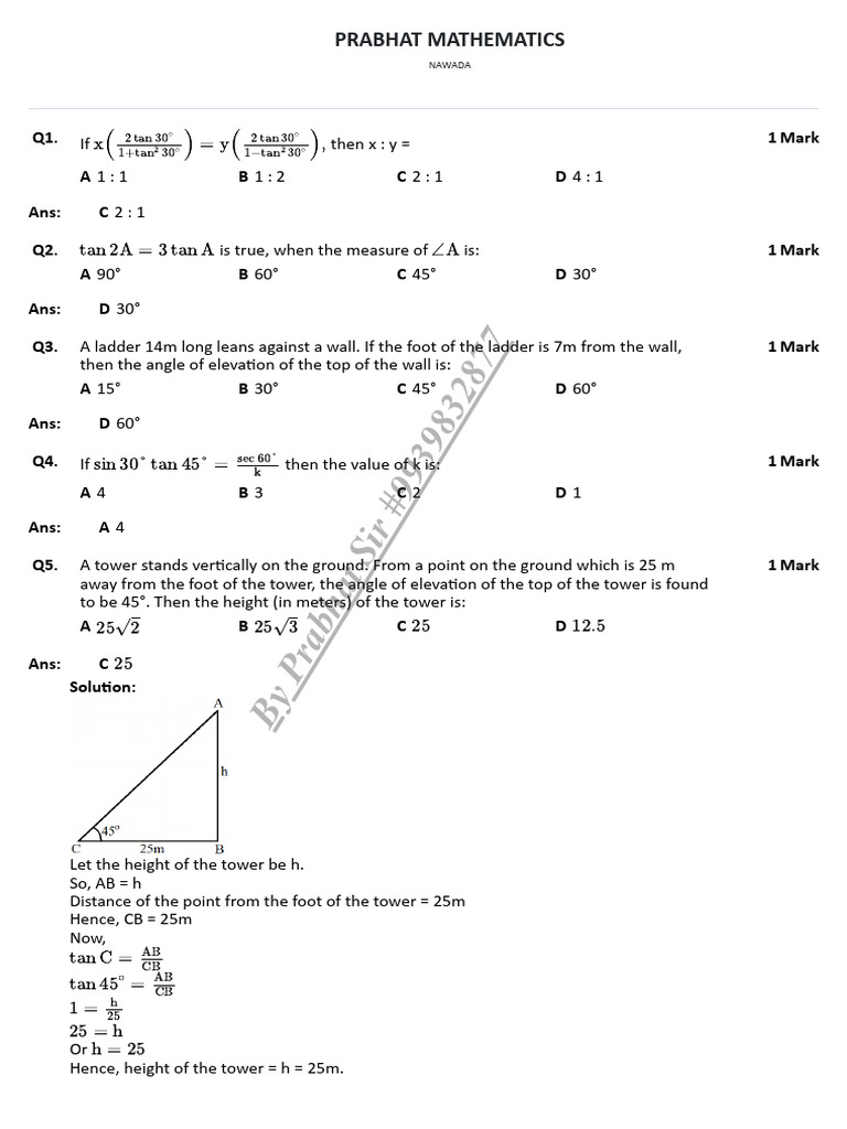Trigonometry Questions and Solutions | PDF | Shadow