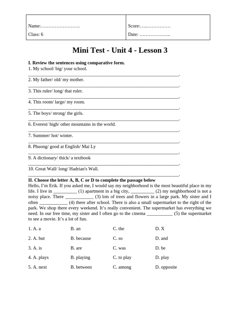 Mini Test G6 U4 L3 | PDF
