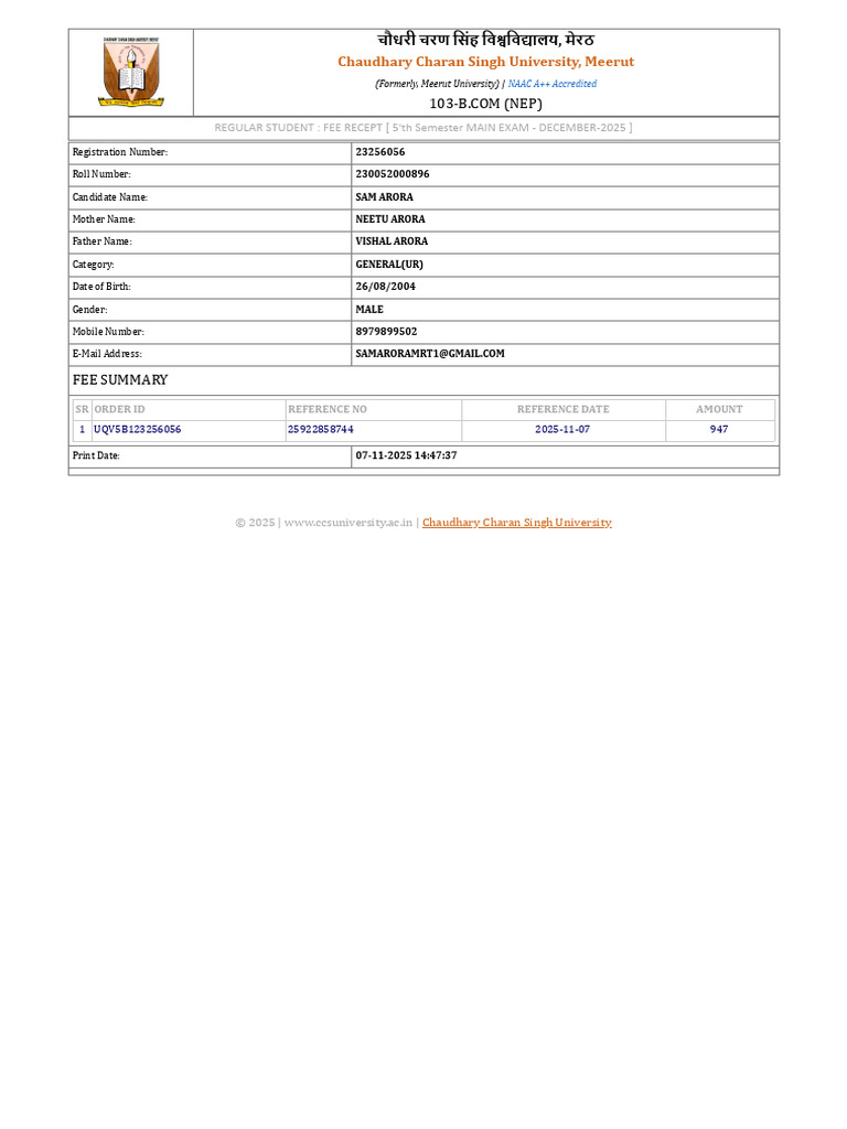 Registration Fee Receipt Sam Main | PDF