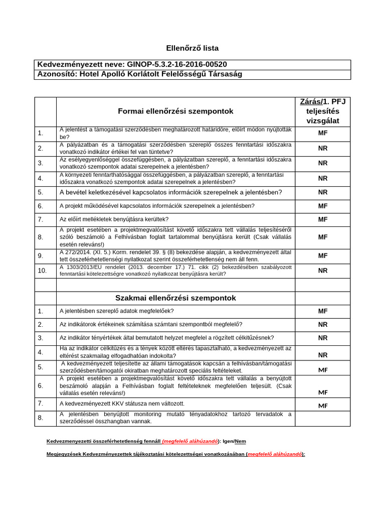 Ellenőrző Lista GINOP - ÚJ | PDF