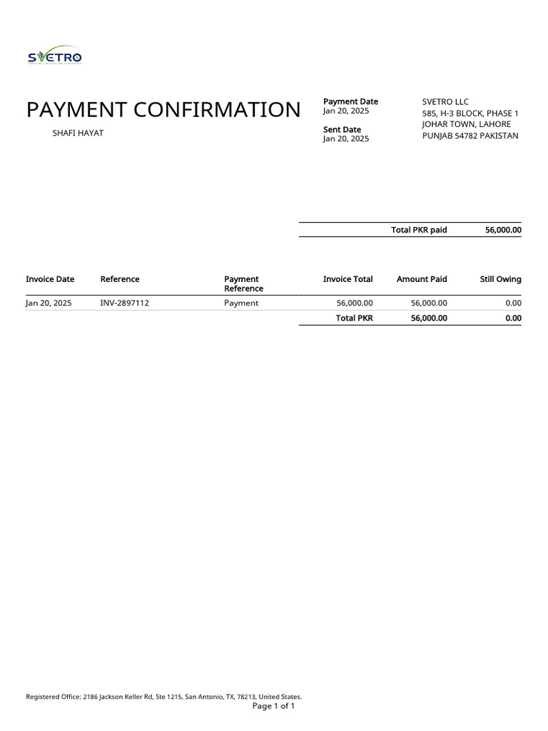 Payment Confirmation for Shafi Hayat | PDF
