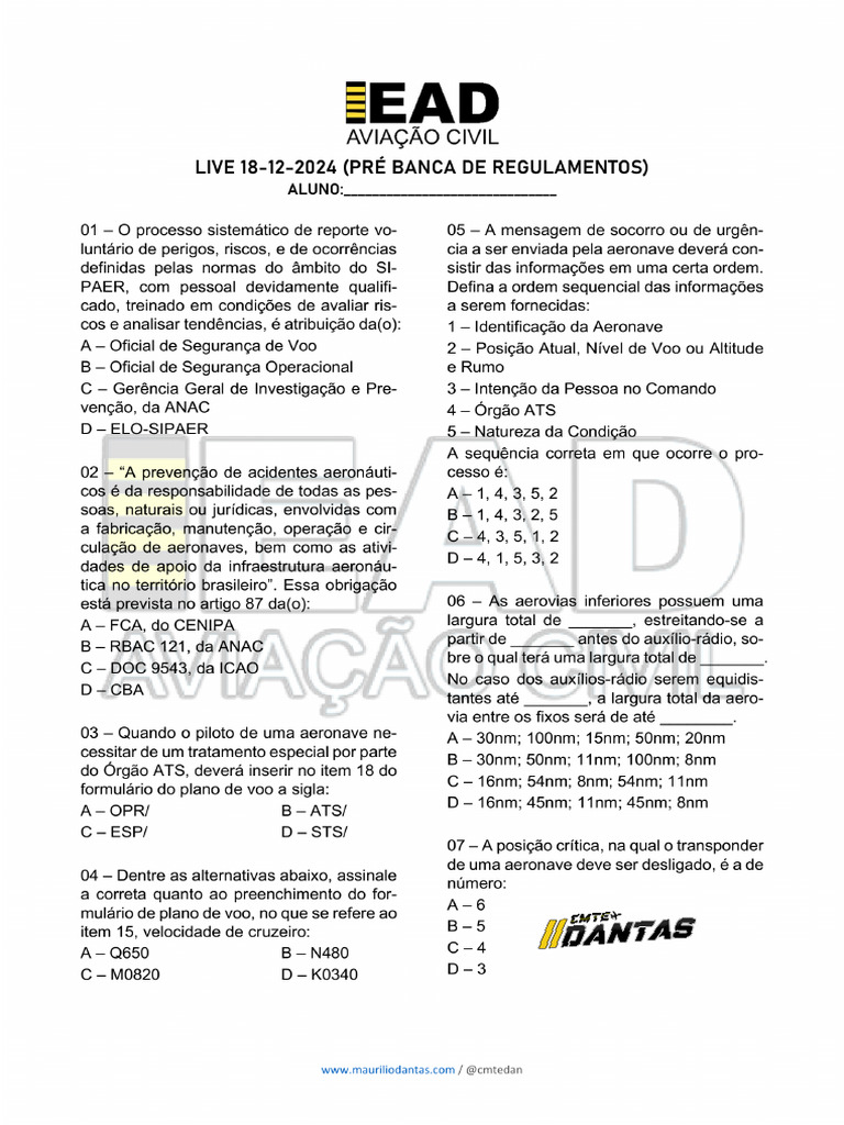 Prova Reg PPA-VFR - Live 18-12-2024 | PDF