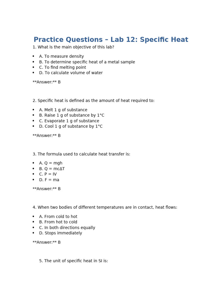 Specific Heat Lab Practice Questions | PDF | Heat | Temperature