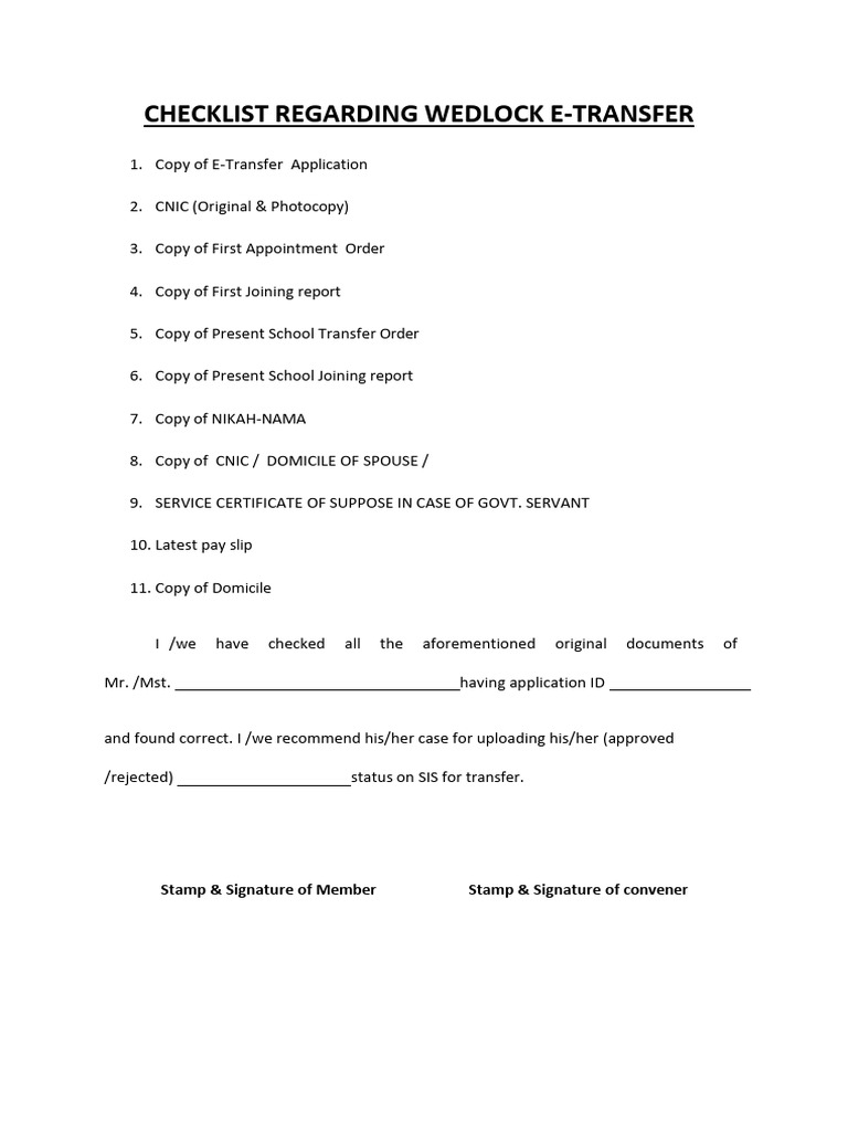 Checklist Regarding Wedlock e | PDF