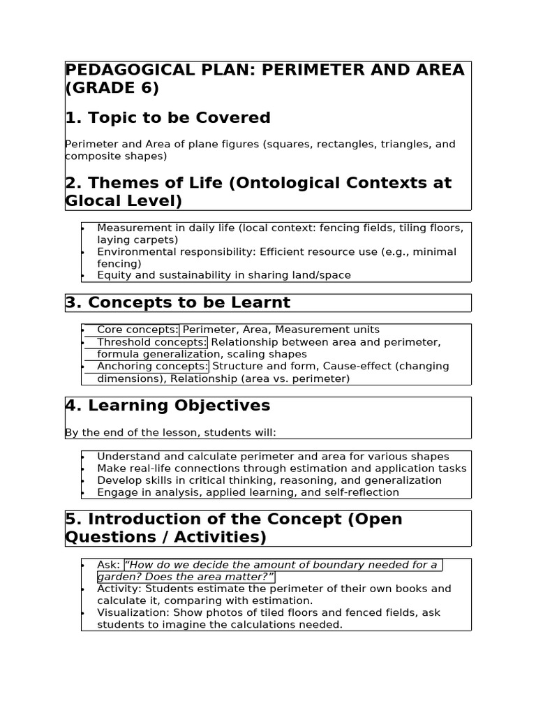 Grade 6 Perimeter and Area Lesson Plan | PDF | Area | Pedagogy