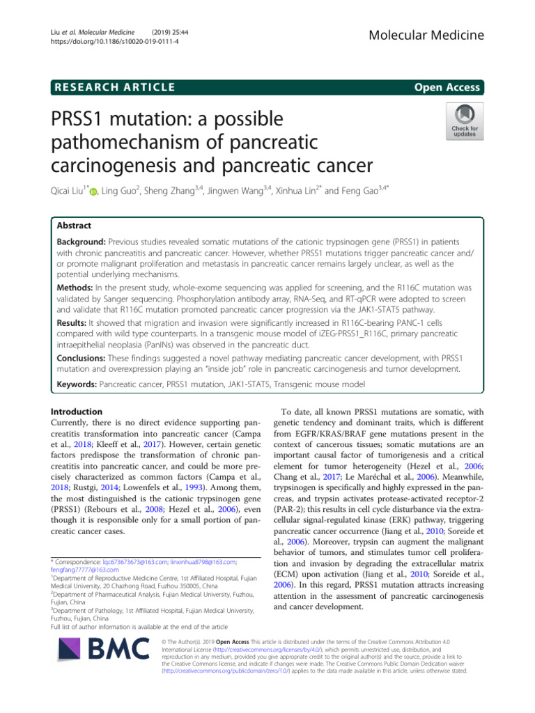PRSS1 Mutation - A Possible Pathomechanism of Pancreatic Carcinogenesis ...