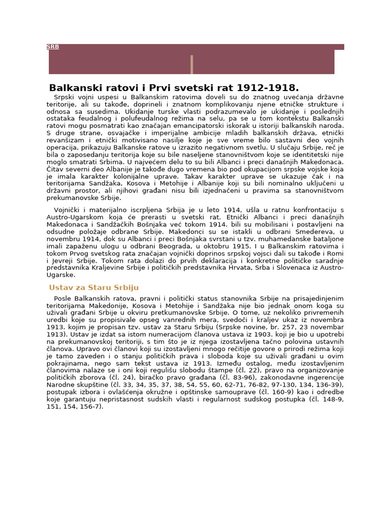 Balkanski Ratovi I Prvi Svetski Rat | PDF