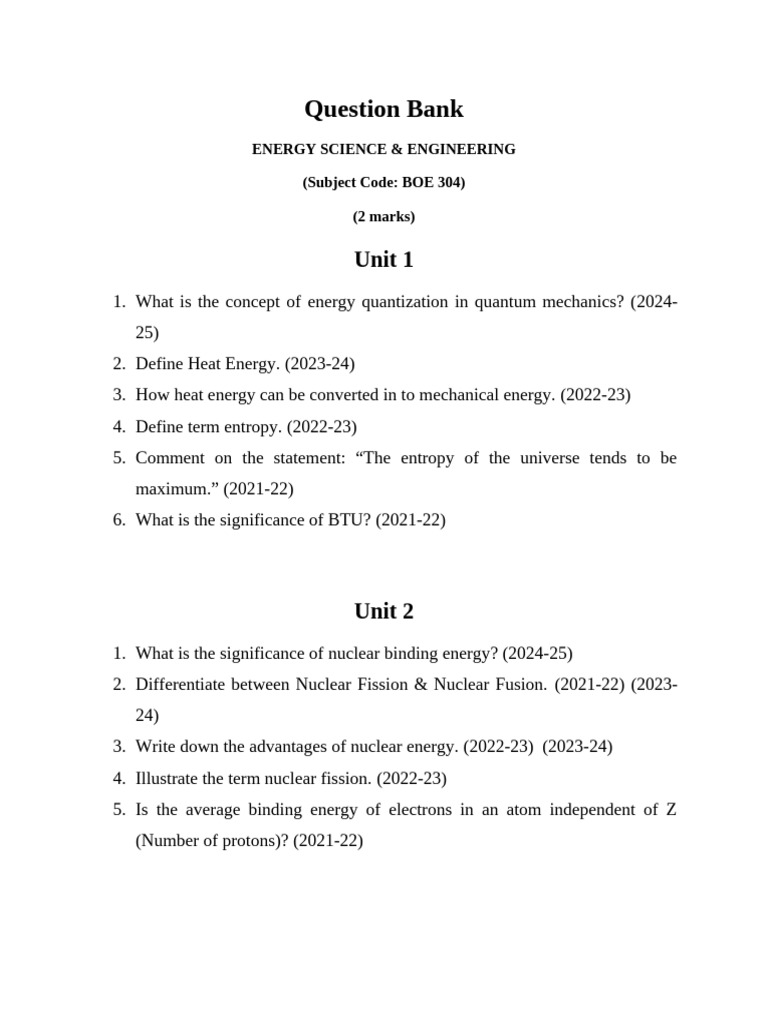 Energy Science & Engineering Question Bank | PDF | Nuclear Fusion ...