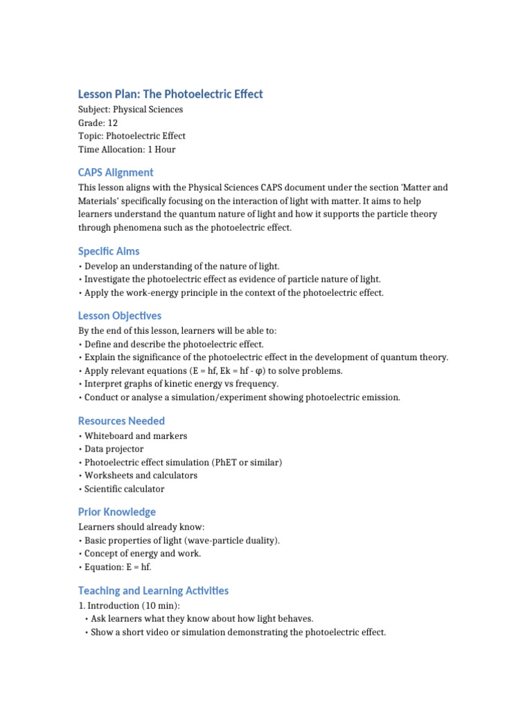 Lesson Plan: Understanding Photoelectric Effect | PDF