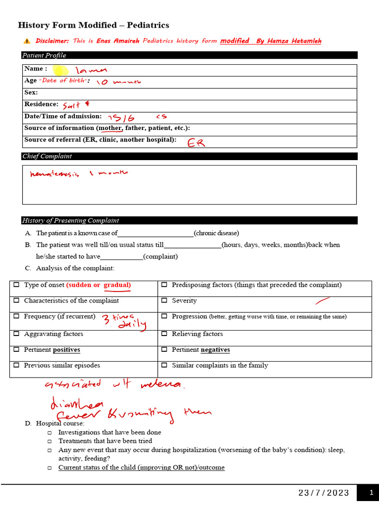Peds History Form Modified - Hamza | PDF