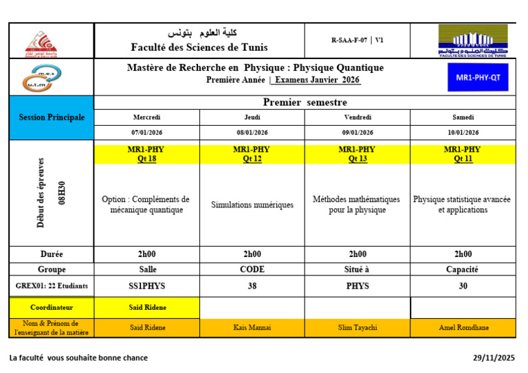 Examens de Physique Janvier 2026 | PDF