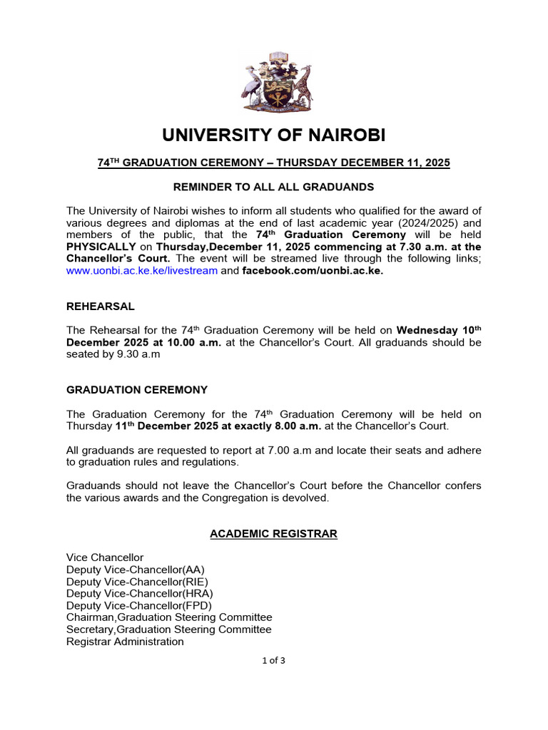University of Nairobi 74th Graduation Details | PDF