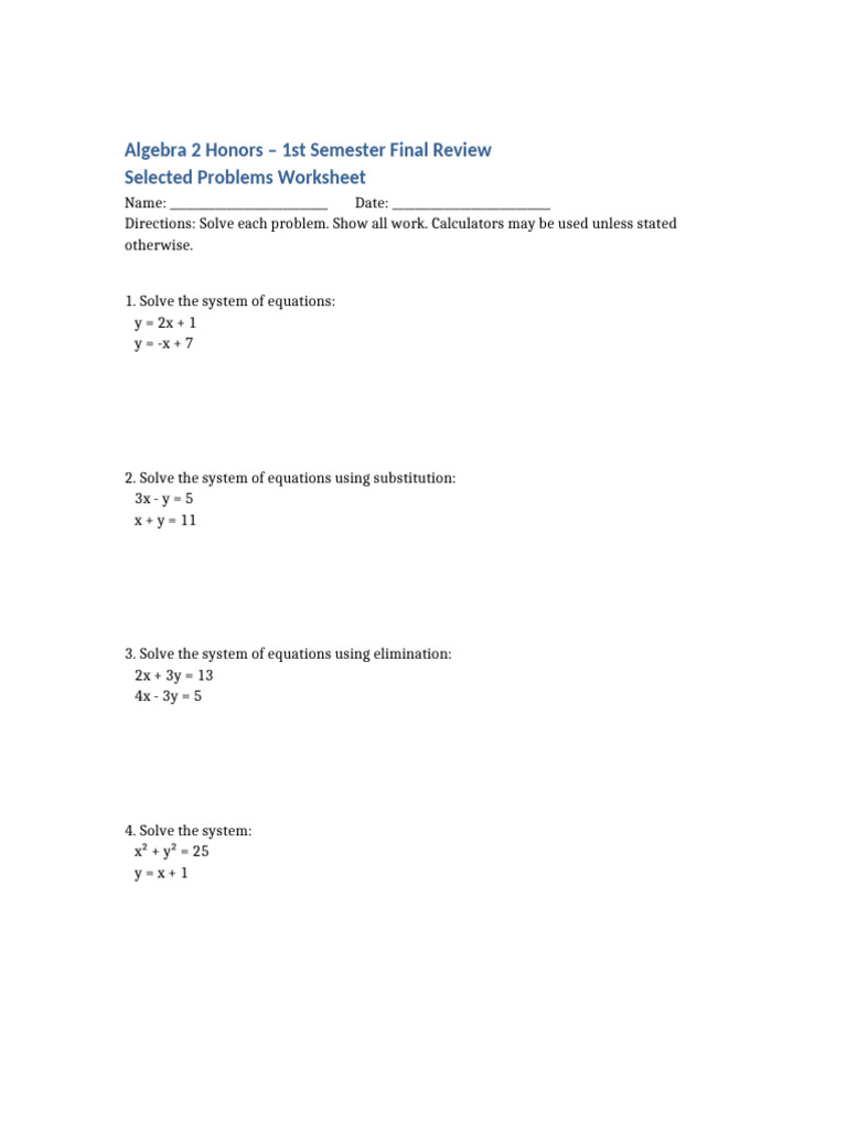 Algebra 2 Honors 1st Semester Final Review Worksheet | PDF