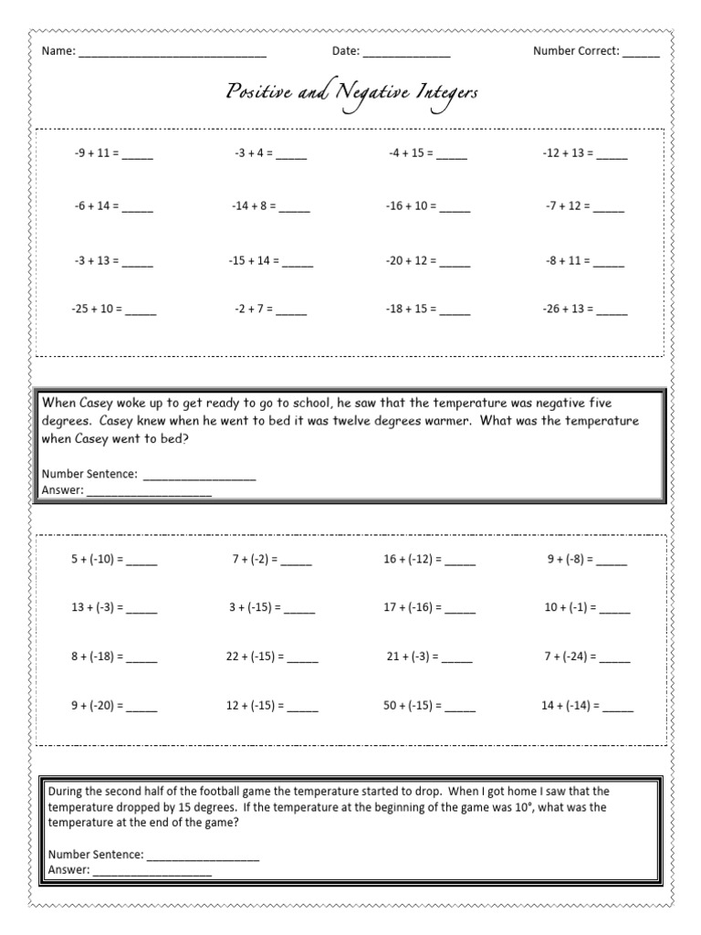 Positive and Negative Integer Practice | PDF | Mathematical Objects ...