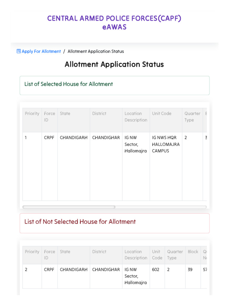 CAPF eAWAS Allotment Status Guide | PDF