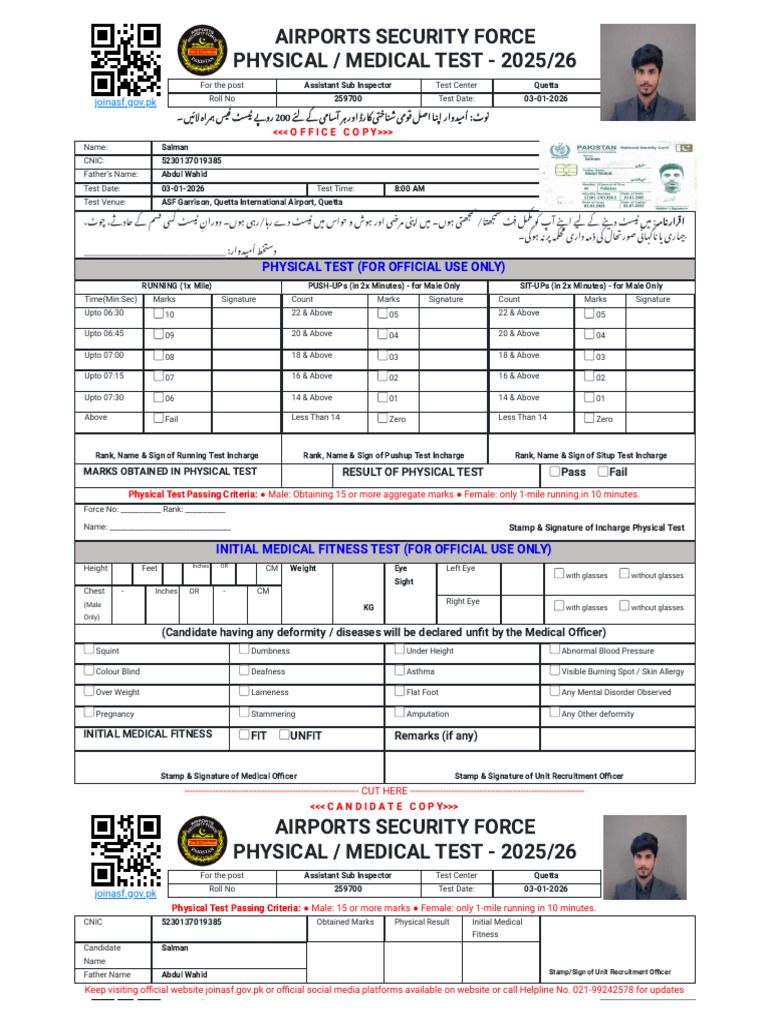 ASF Physical/Medical Test 2025/26 Details | PDF | Diseases And ...