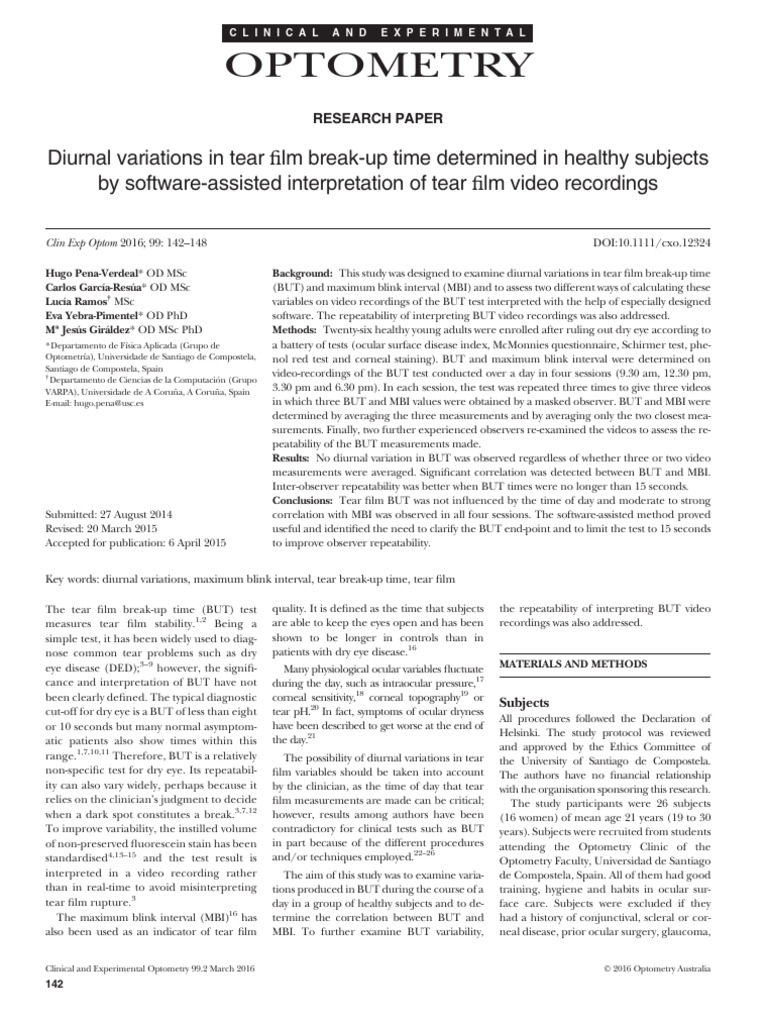 Diurnal Variations in Tear Film Break Up | PDF | Human Eye | Ophthalmology