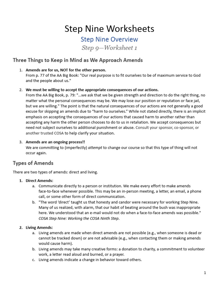 CZR Step Study—Step 9—Worksheet 2024 8 V2 | PDF | God | Psychological ...